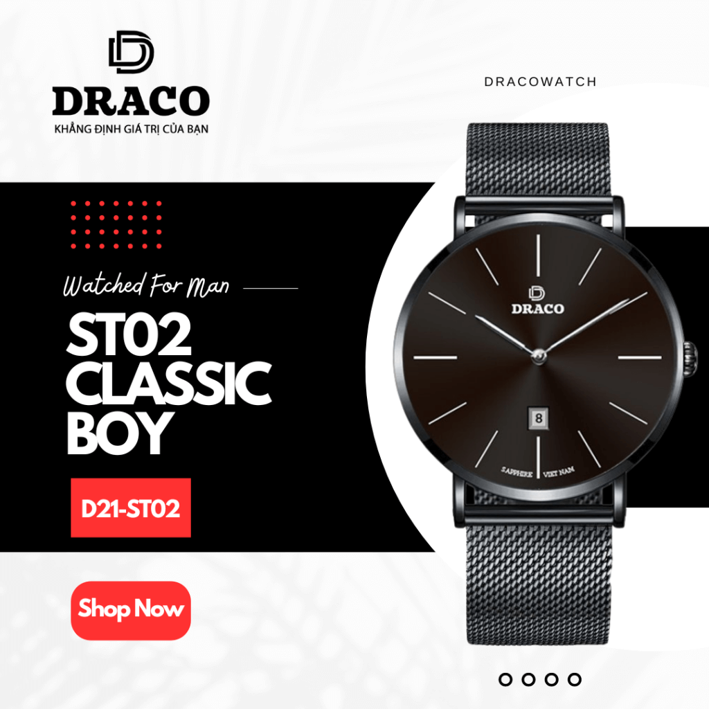 DRACO D21-ST02 "Classic Boy" ĐEN - DRACO WATCH - Khẳng Định Giá Trị Của Bạn
